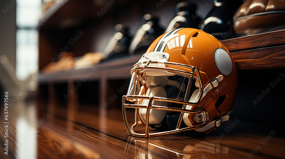 American Football Helmet in locker room with equipment, on the wooden ...