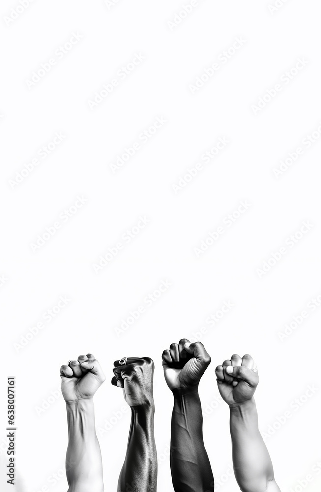 Four hands showing fists raised up, white background, Created using ...