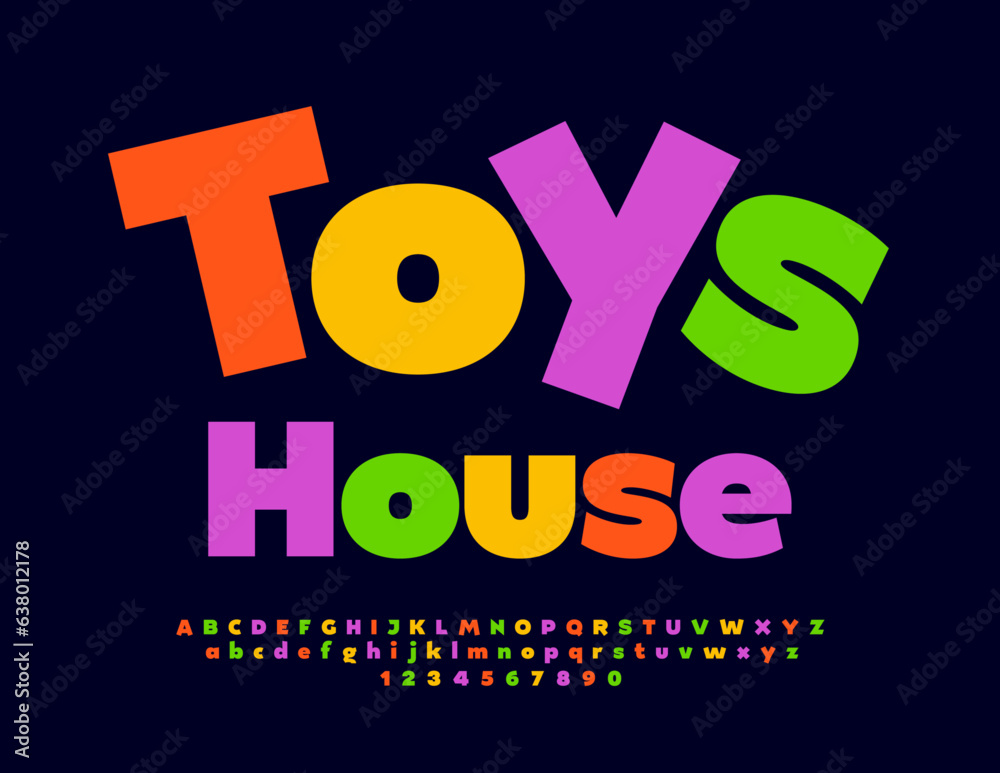 Vector playful Emblem Toys House. Funny Childish Font. Bright Colorful Alphabet Letters, Numbers ...