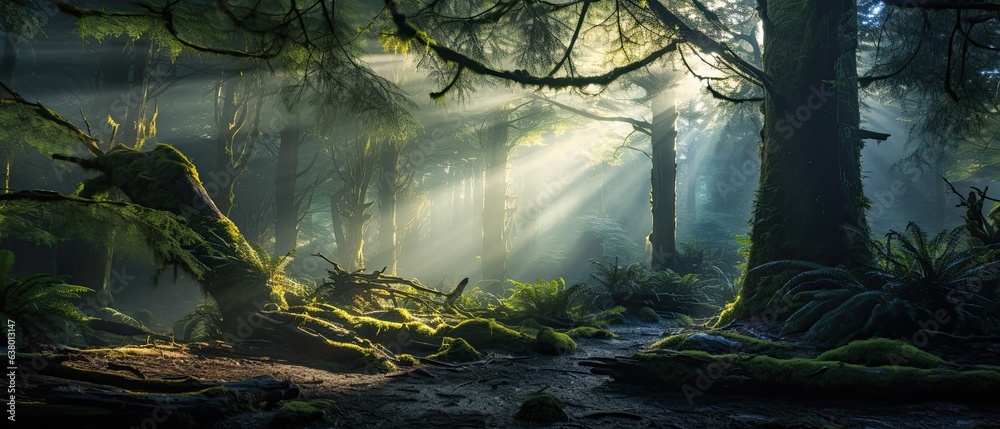 A dense ancient forest with sunbeams piercing through the mist ...