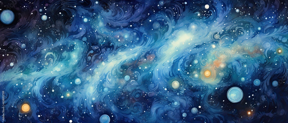 Swirls of watercolor forming cosmic patterns, dotted with white specks ...