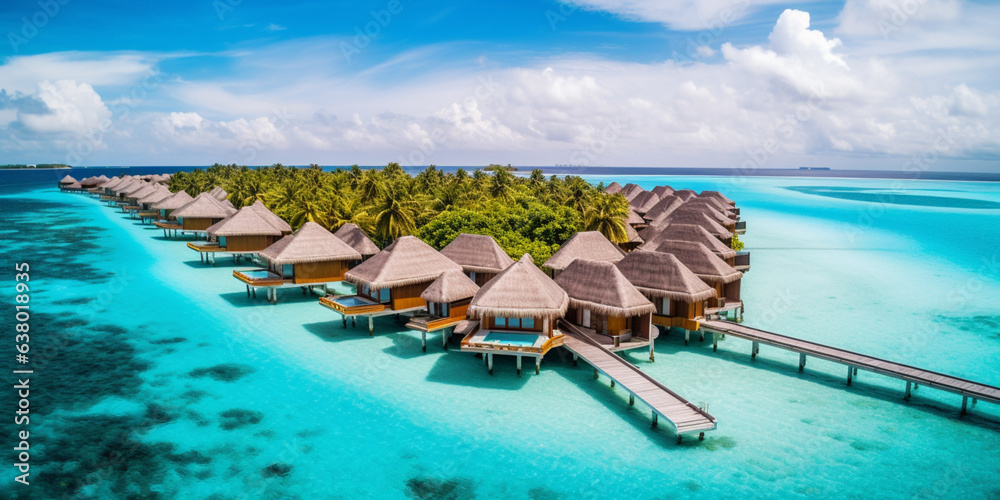 Tropical beach panorama view, Bungalows stay in Sea, coastline with ...