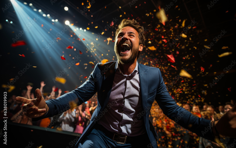 A man in a suit and bow tie addressing a large audience. A man in a ...