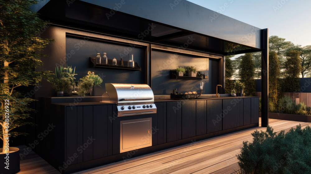 Scandinavian design, of a black simple outdoor kitchen with vegetation ...