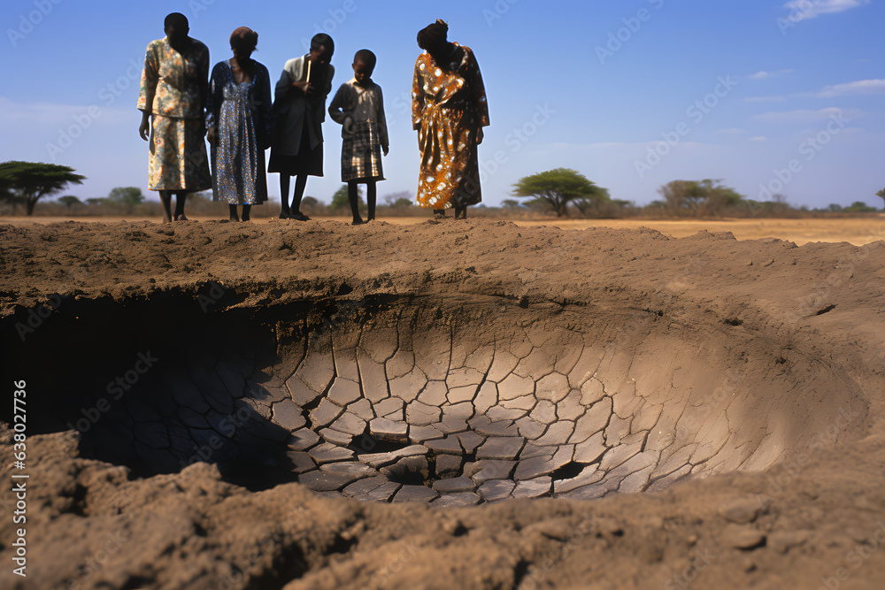 A family looking at their dried up well portraying water scarcity issues. Stock Photo | Adobe Stock