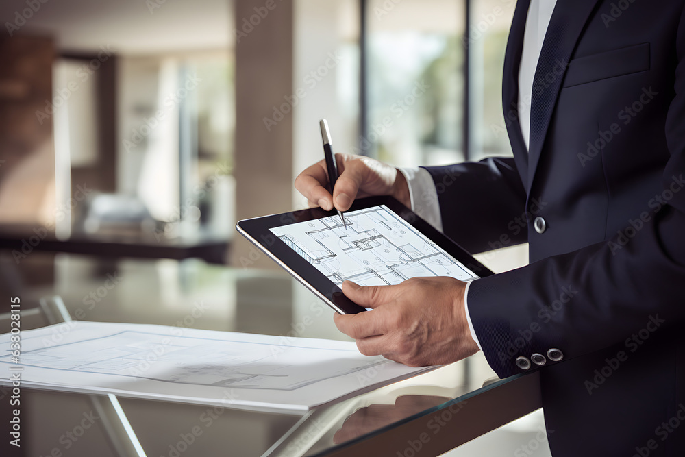 Architect reviewing blueprints with a digital stylus and tablet. Stock ...