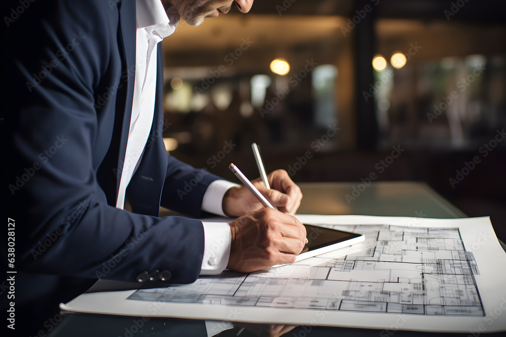 Architect reviewing blueprints with a digital stylus and tablet. Stock ...