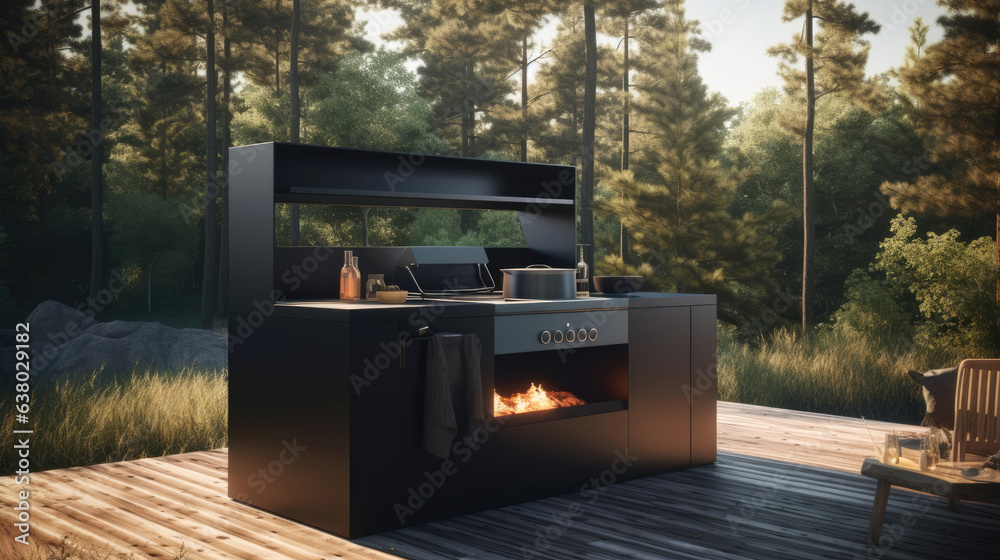 Scandinavian design, of a black simple outdoor kitchen with vegetation ...