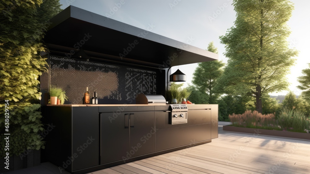 Scandinavian design, of a black simple outdoor kitchen with vegetation ...