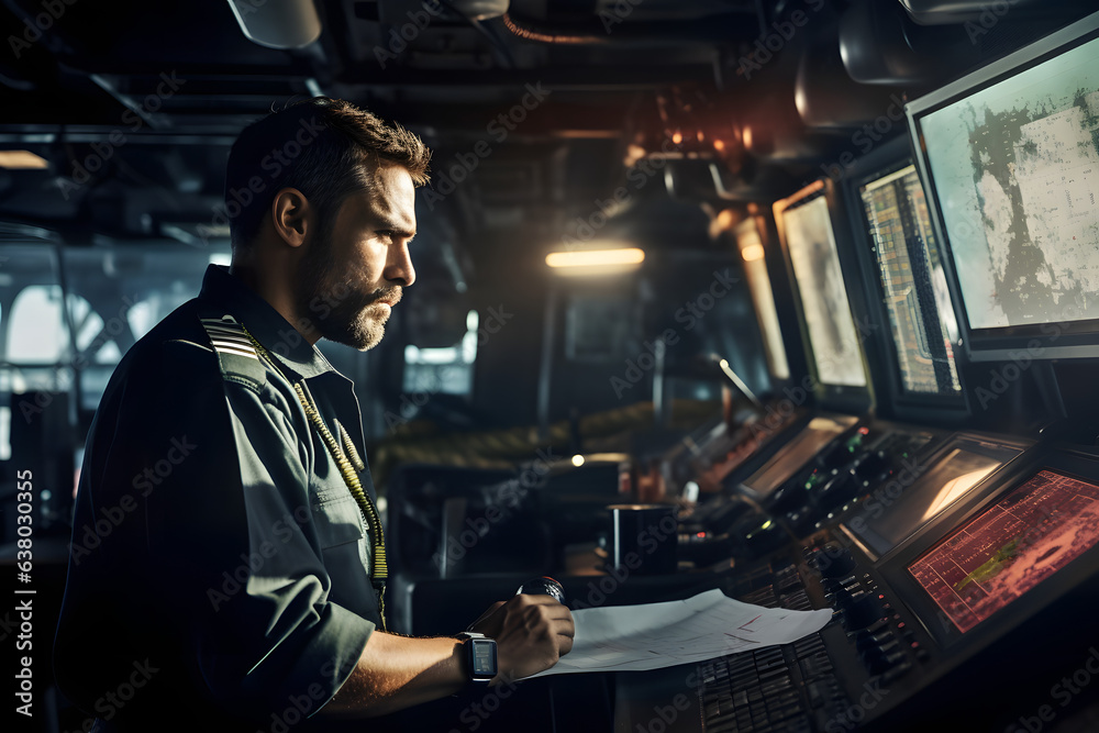 Marine officer navigating a ship using advanced equipment. Stock Photo ...