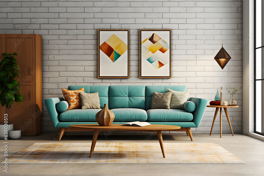 Mid-century modern den with a teal sofa wooden accents and geometric ...