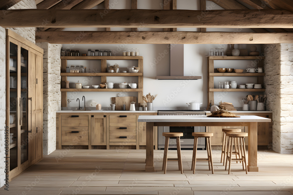 Rustic farmhouse kitchen with a barn door wooden beams and vintage ...