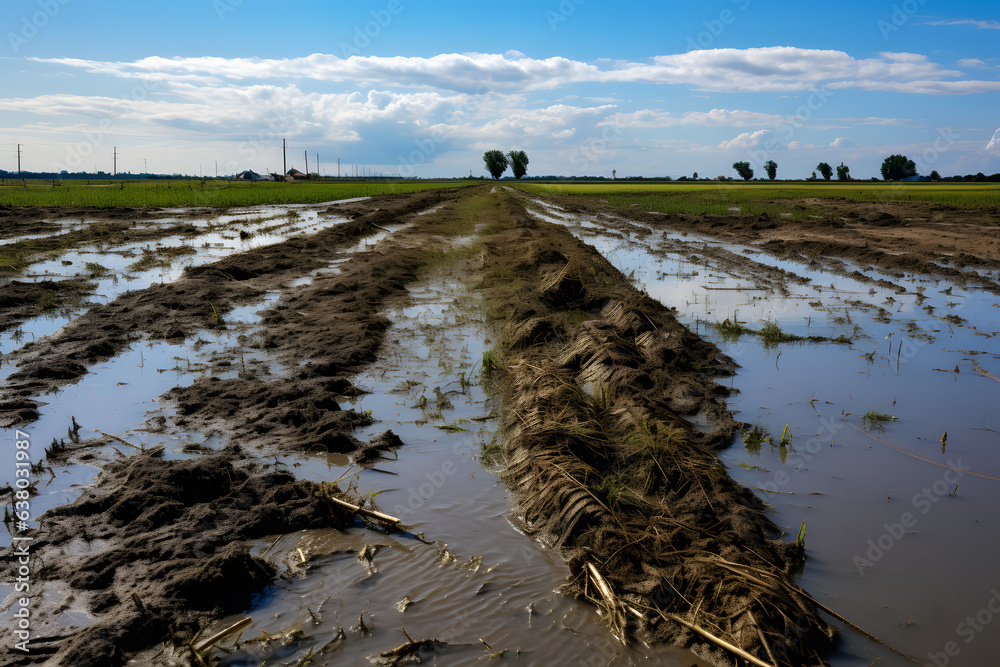 Swamped agricultural fields with crops destroyed due to unexpected ...