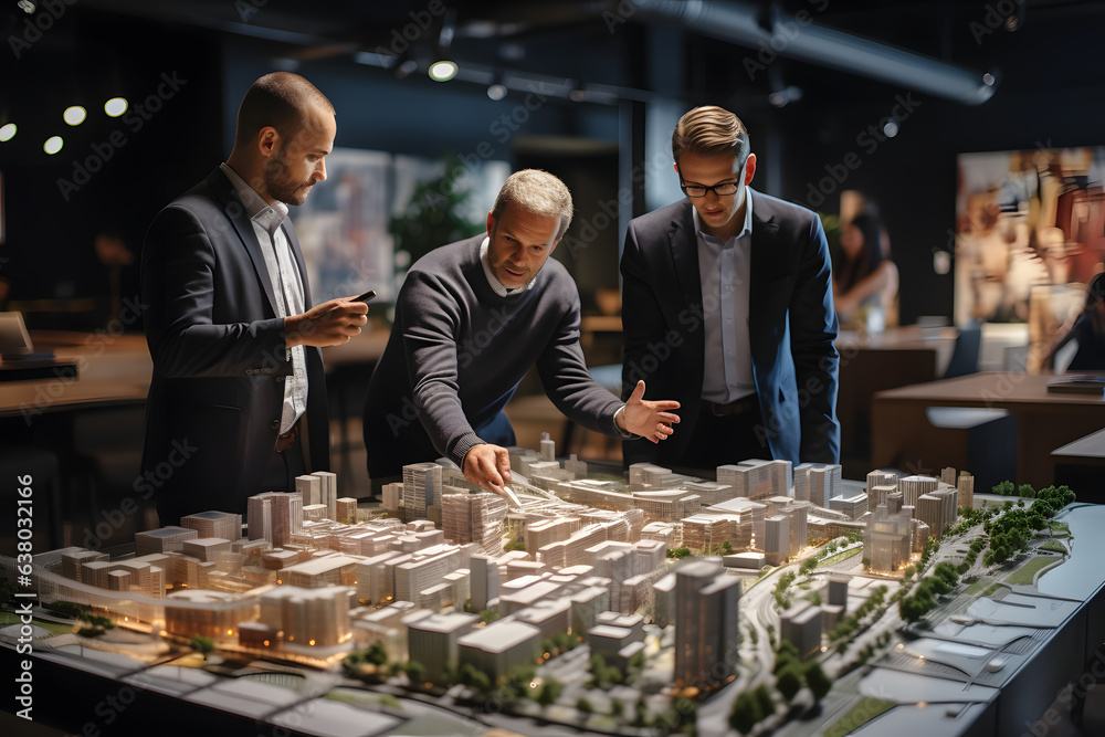 Urban planner reviewing city models with a team. Stock Photo | Adobe Stock