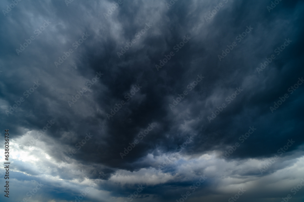 storm sky, dark dramatic clouds during thunderstorm, rain and wind ...