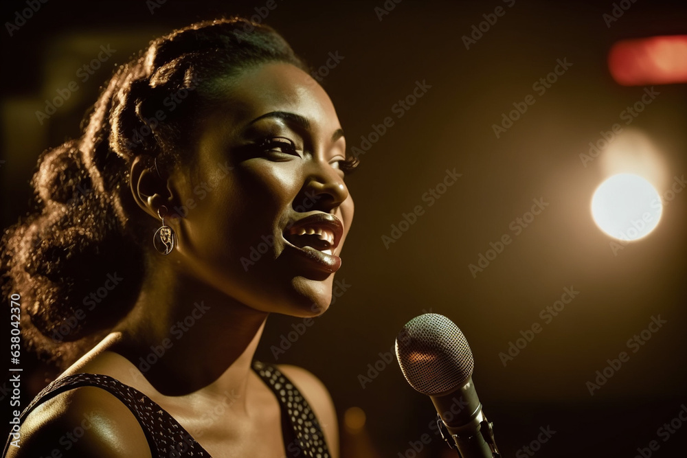 A beautiful black woman, jazz singer, on stage, with a gesture of ...