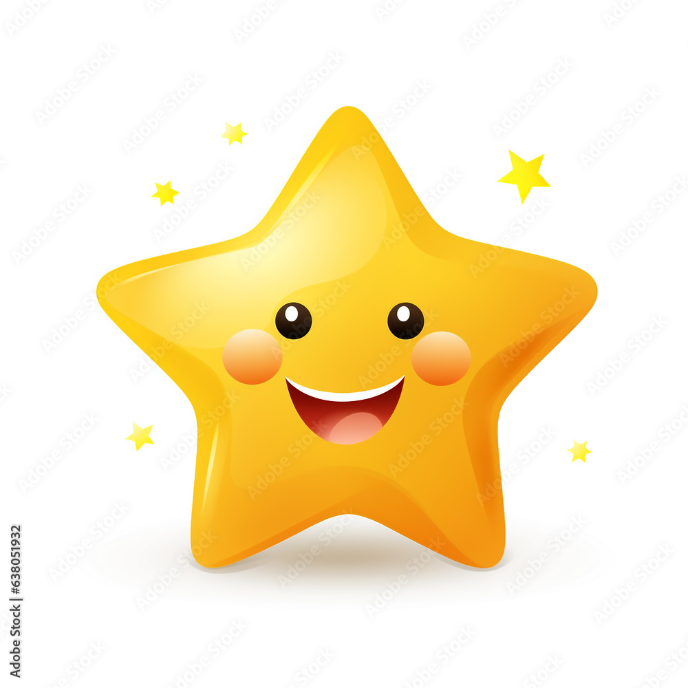 gelber goldener fröhlicher lachender Stern mit Gesicht auf weißem ...