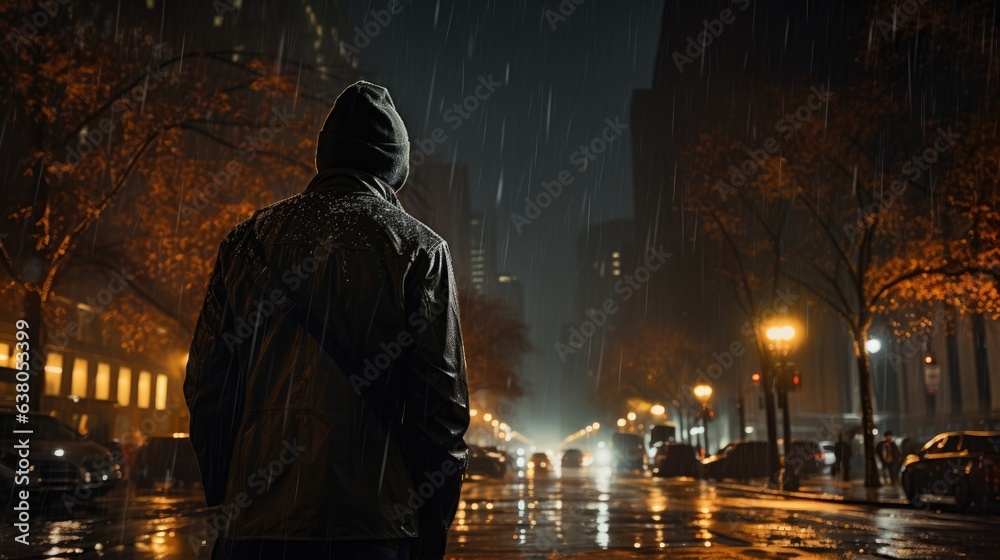 Rainy street at night. Lonely man walking down a rainy street at night ...