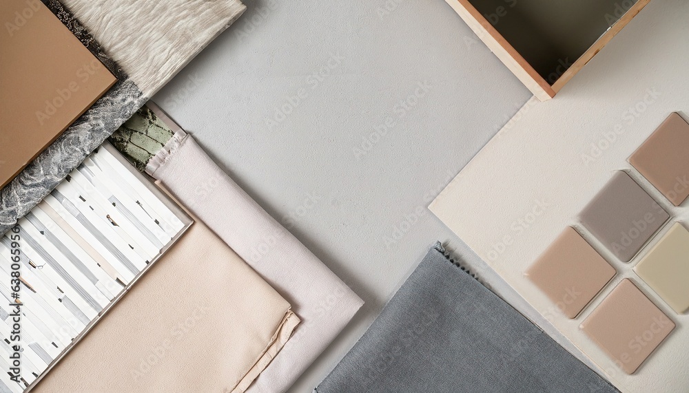 Creative flat lay composition with textile and paint samples, panels ...