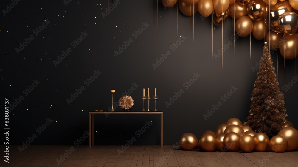 Room with gold balloons and decorated tree on black background, layout ...