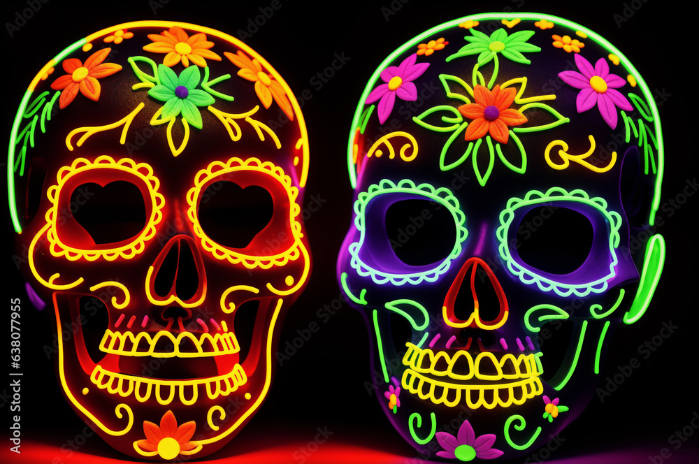 Two vivid neon calaveras on black background for Day of the Dead ...