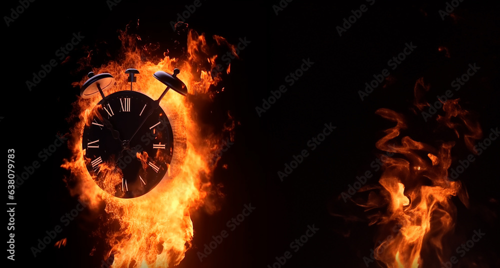 Clock on fire, clock face consumed as time burns away concept Stock ...