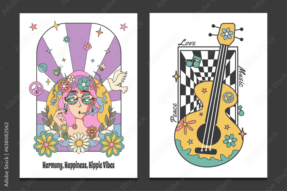 hippie art posters, retro wall art print, vector illustration Stock ...