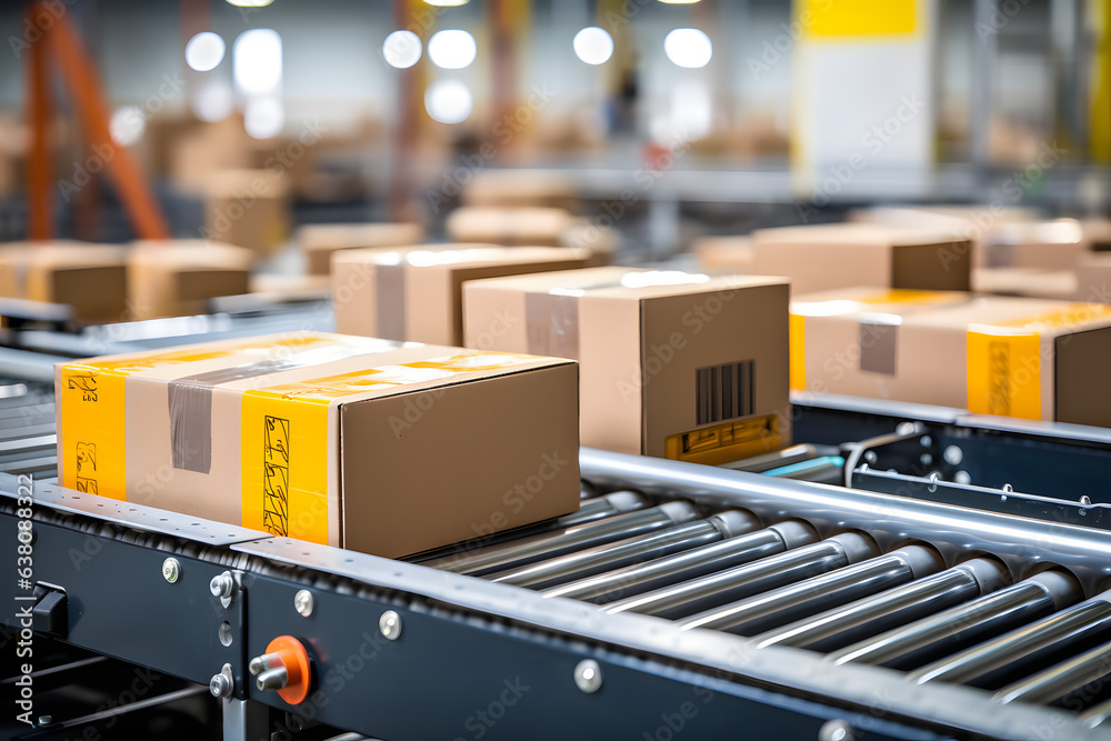 Conveyor belt transporting packages at a modern sorting facility. Stock ...