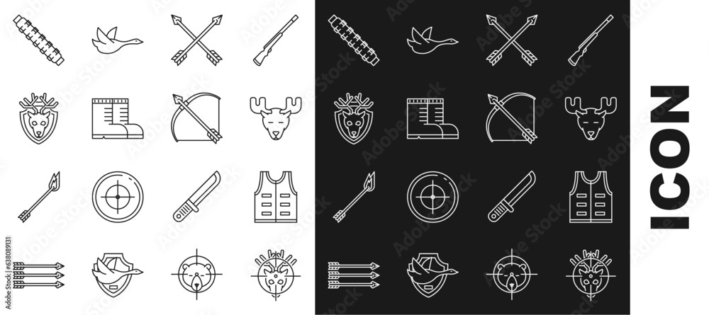 Set line Hunt on deer with crosshairs, Hunting jacket, Moose head horns ...