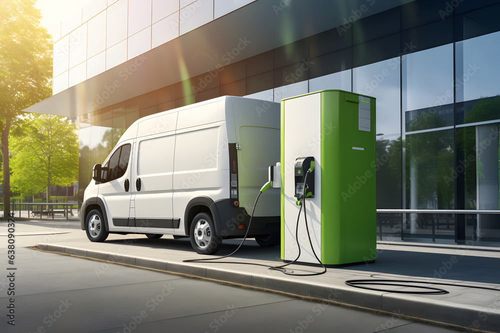 Electric delivery van charging at a green energy station. Stock Photo ...
