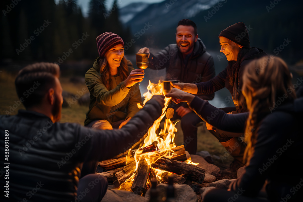 Friends making a toast around a campfire after a day of mountain hiking ...