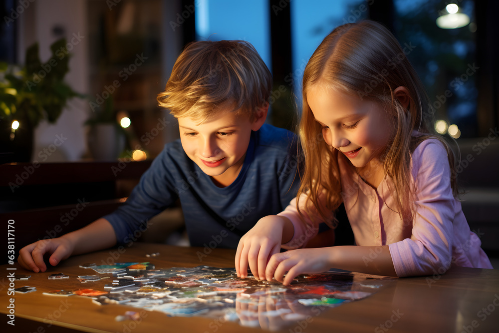 Foto de Siblings working together on a puzzle during a quiet evening ...