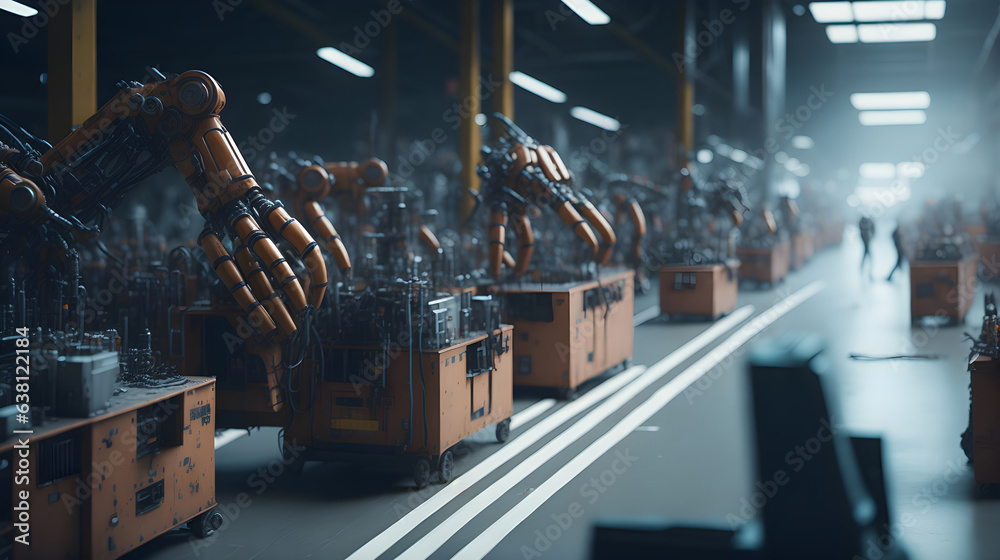 Portraying a bustling industrial factory floor where automated robots ...