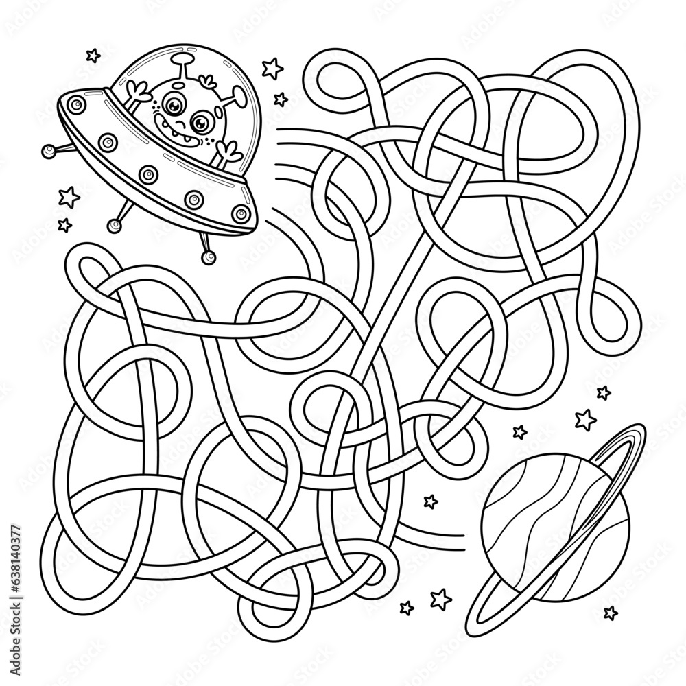 Maze game for children on space theme. Outline labyrinth puzzle. Help ...
