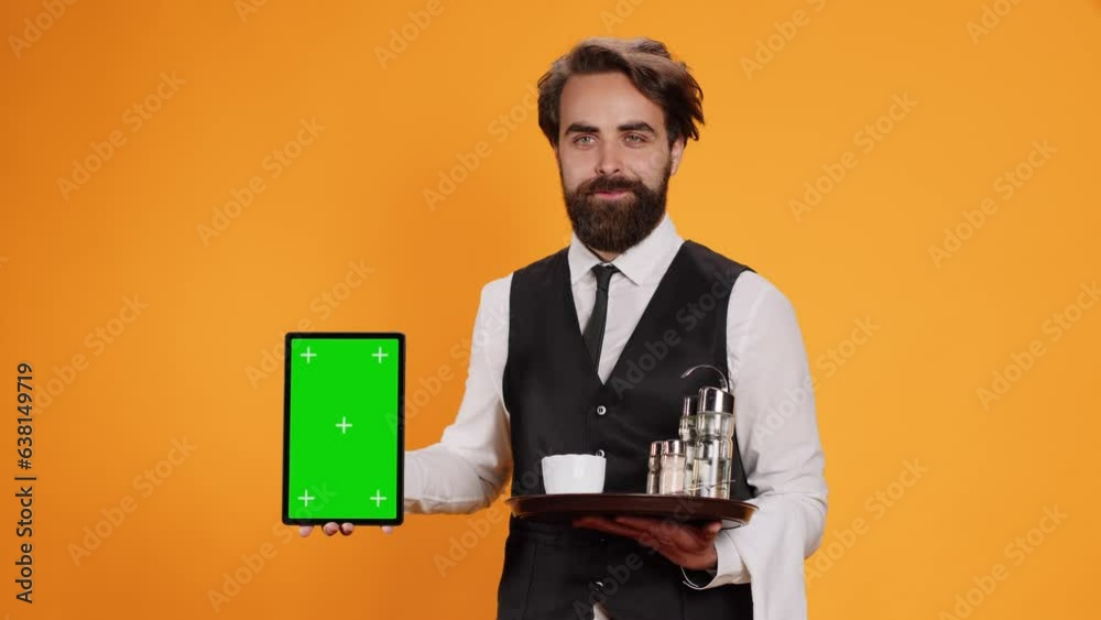 Friendly waiter shows tablet with greenscreen on camera, presenting ...