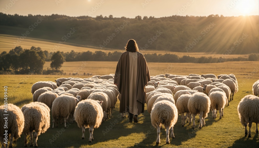 Jesus Christ the shepherd leading sheep and praying to God in a field ...