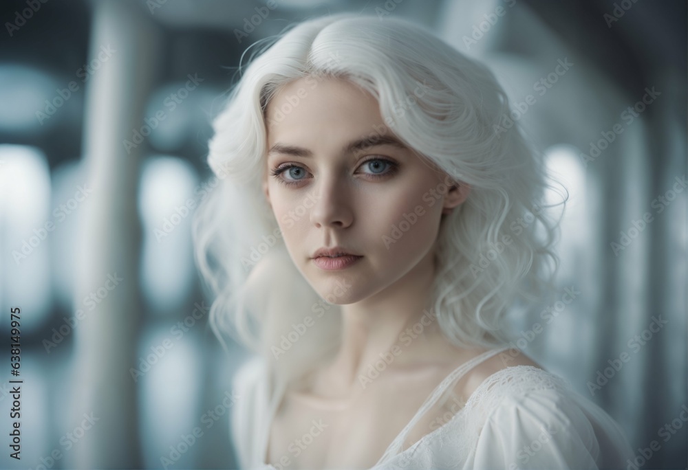 Snow white hair porcelain doll - young girl, white dress, dreamlike ...