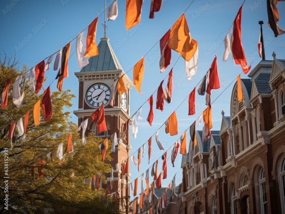 United States flags adorn a historic clocktower, marking the passage of ...