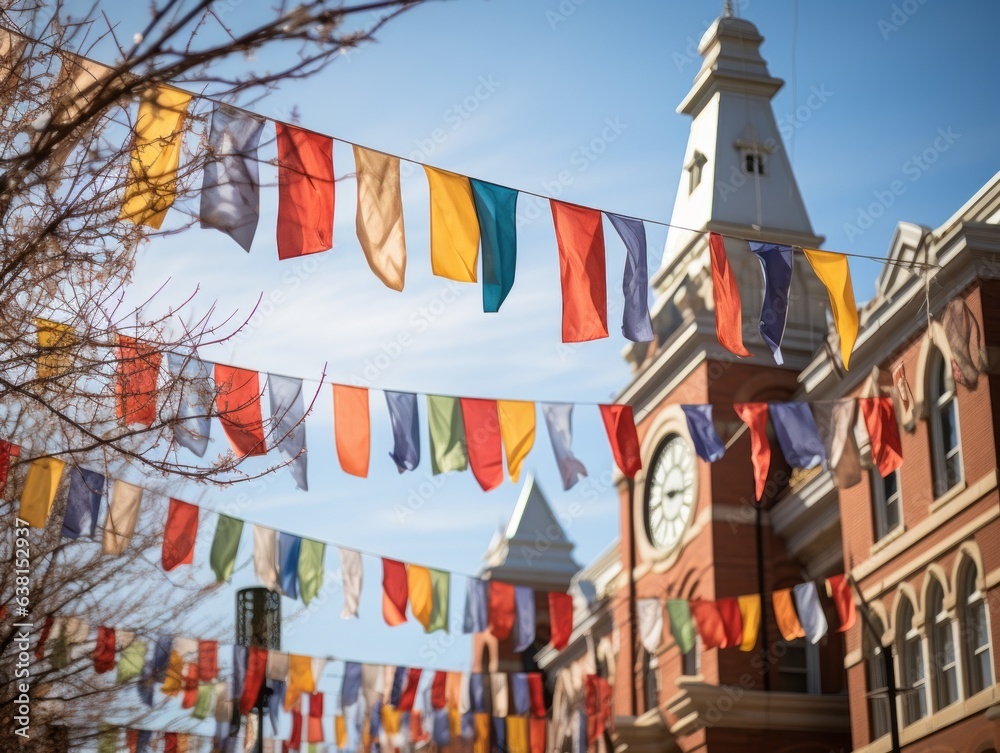 United States flags adorn a historic clocktower, marking the passage of ...
