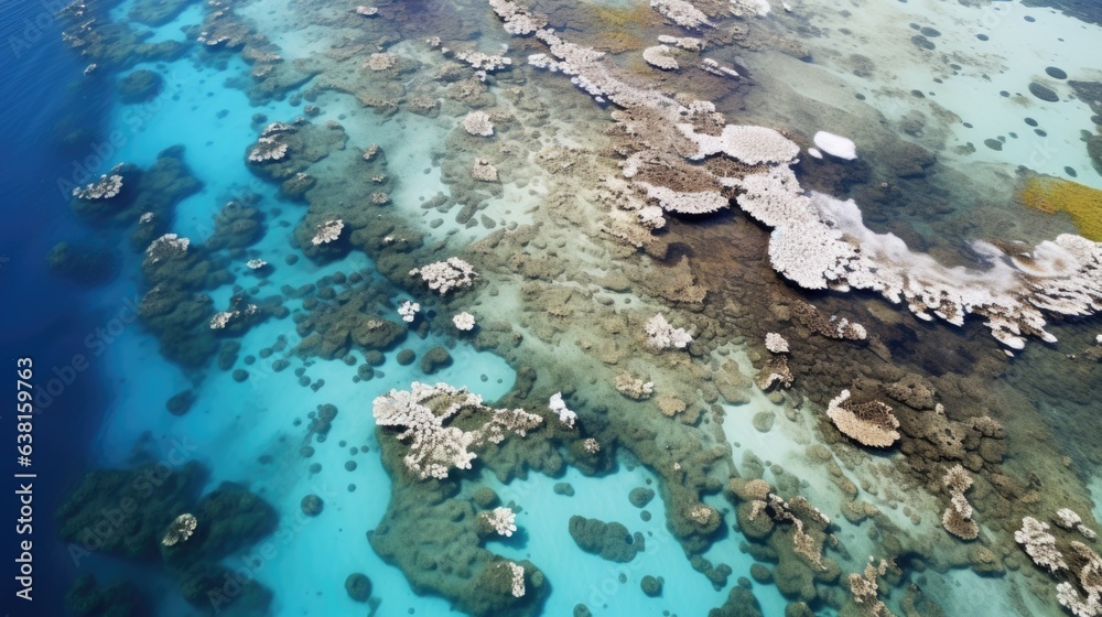 extensive coral bleaching, illustrating the devastating effects of water pollution and warming ...