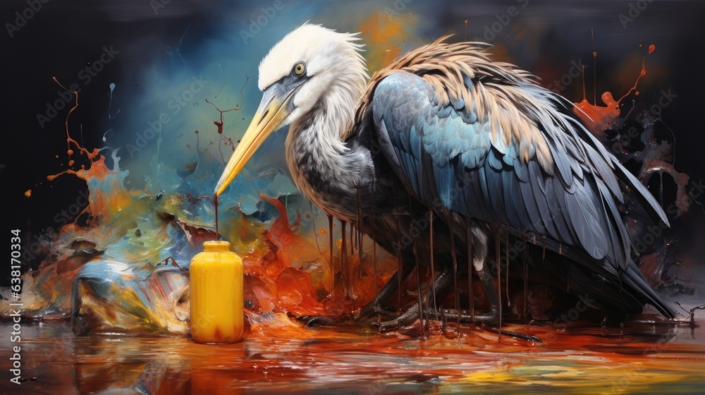 bird coated in oil from a spill, highlighting the severe impact of ...