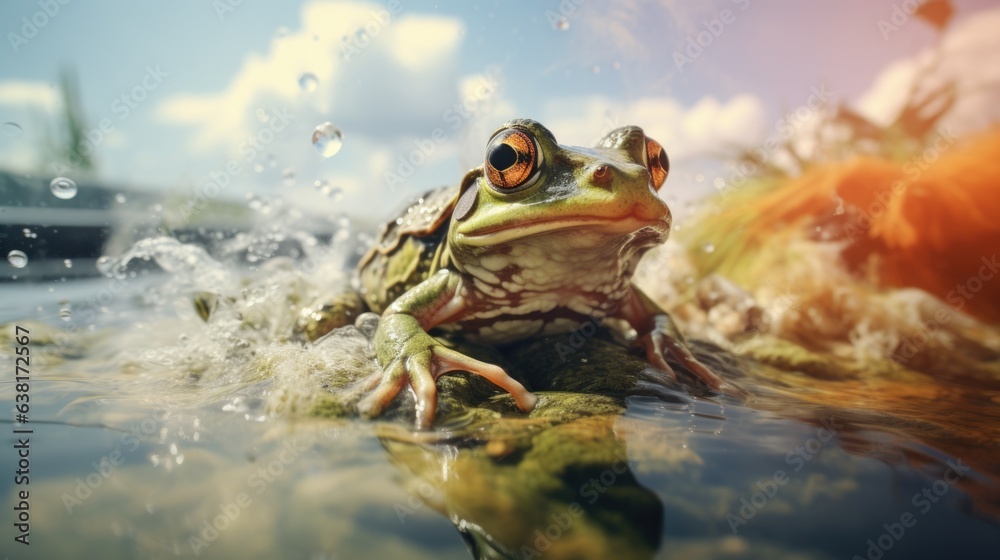 frog in a polluted pond, signifying the issue of freshwater pollution ...