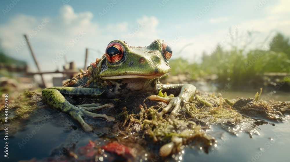 frog in a polluted pond, signifying the issue of freshwater pollution ...