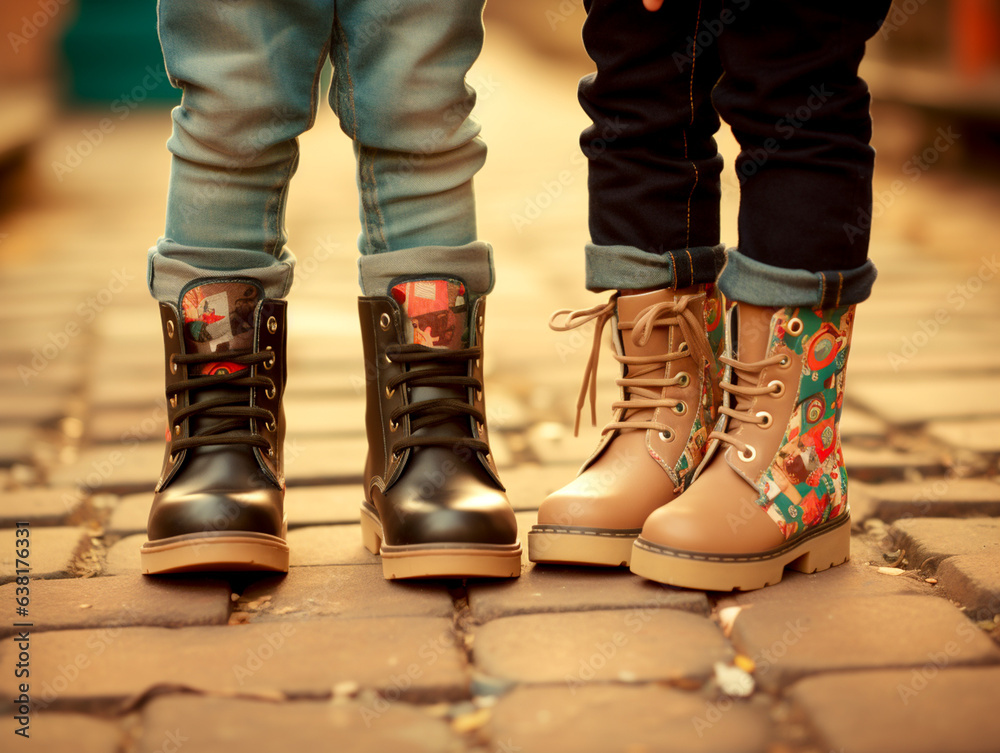 beautiful colored autumn boots with laces are shod on the feet of two ...