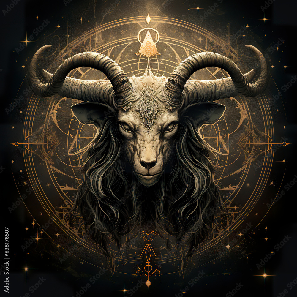 Figure of Baphomet adorned with horns of command. Occult artwork of ...