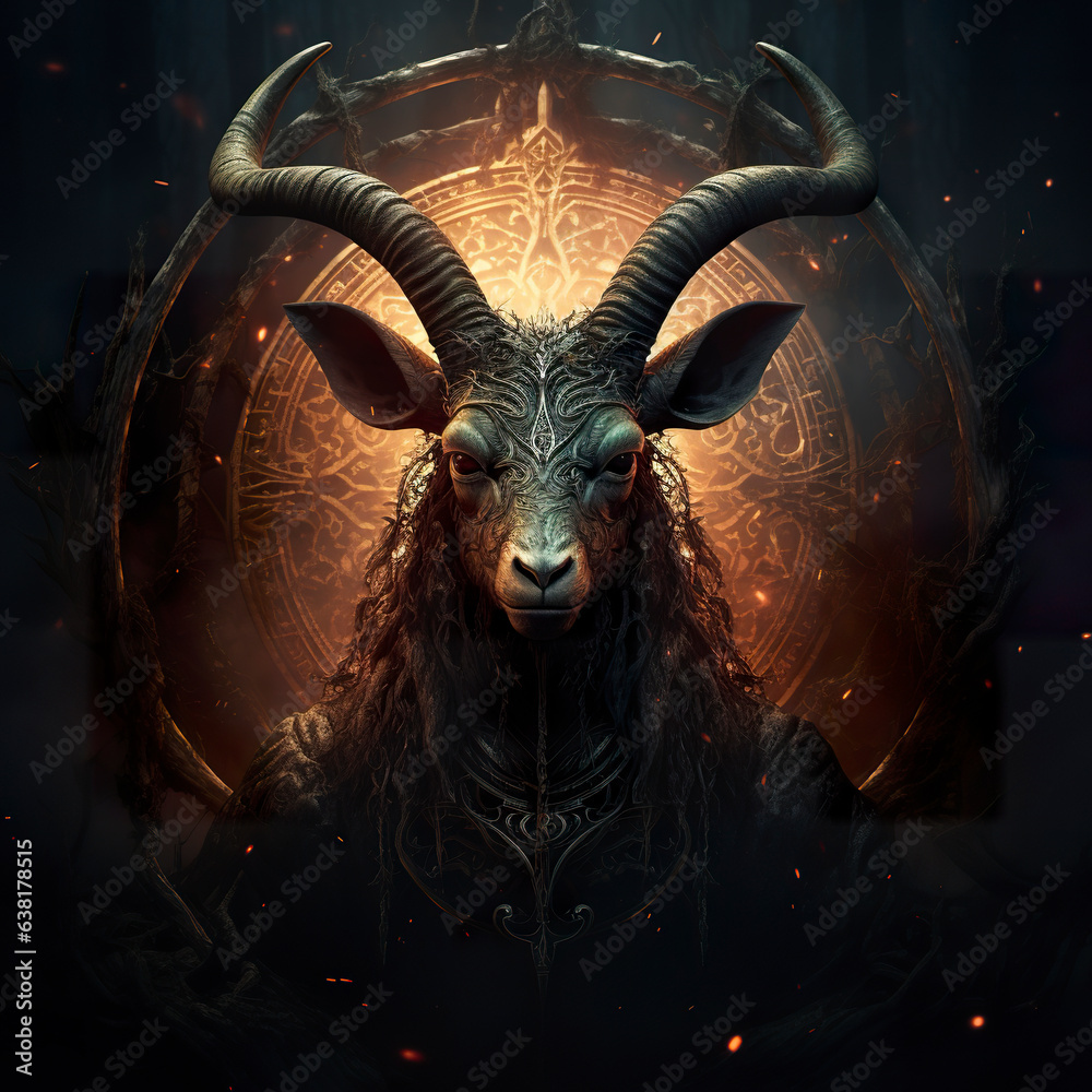 Figure of Baphomet adorned with horns of command. Occult artwork of ...