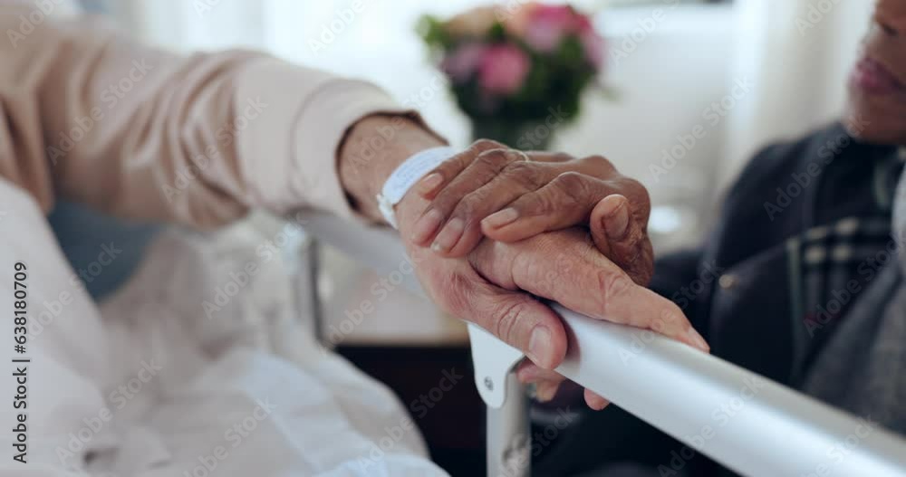 Bedroom hands, sick and elderly people support, compassion or ...