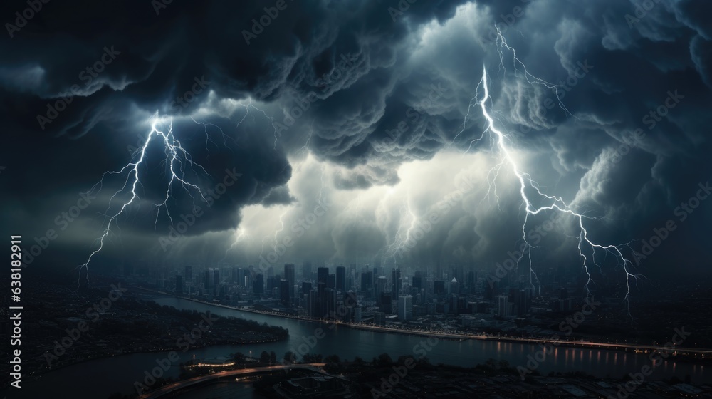storm brewing over a city, a portrayal of extreme weather conditions ...
