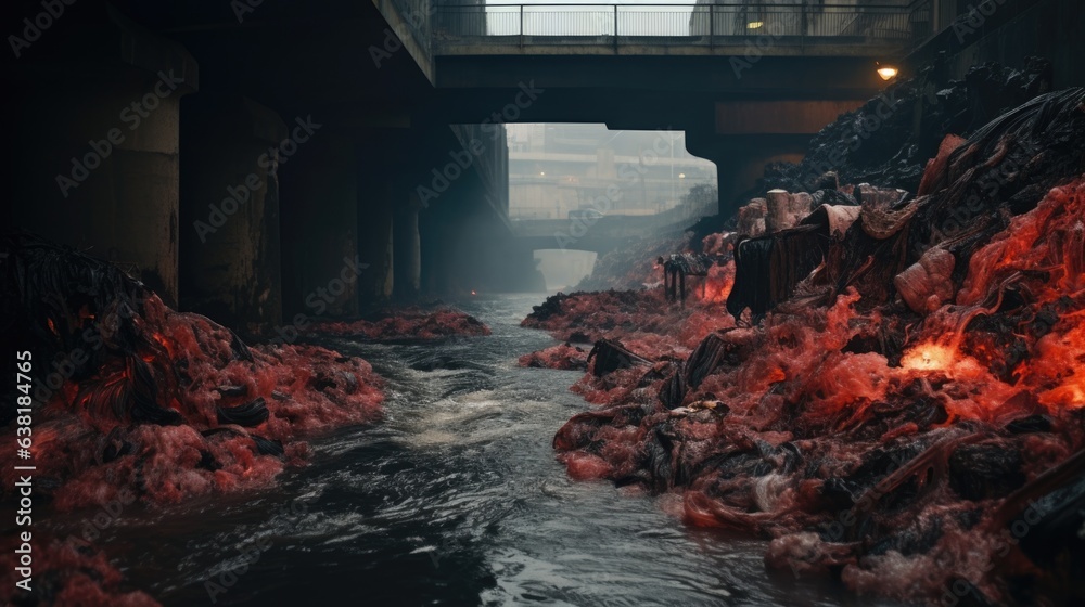 river overrun by industrial waste, a display of water pollution ...
