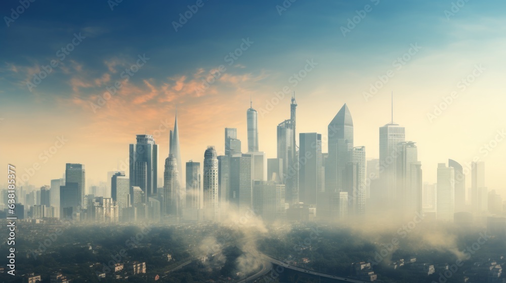 cityscape with clear sky versus smog-filled sky, illustrating the ...